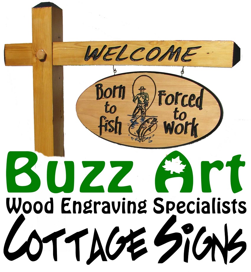 Wood engraving cottage signs and lake maps and more - Buzz Art